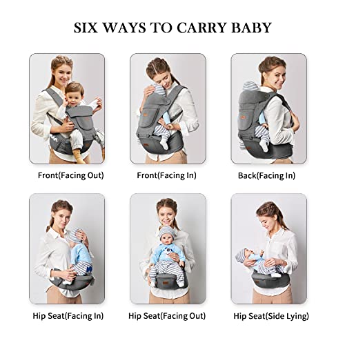 Baby Carrier with Hip Seat, Baby Carrier Newborn to Toddler, 6-in-1 Ways to Carry, All Seasons, Adjustable Baby Holder Carrier for Breastfeeding (Black）