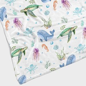 Sea Animals Flannel Baby Toddler Blanket Gift for Girls and Boys Marine Turtle Whale Jellyfish Sea Horse Weeds Sealife Receiving Blanket Newborn Nursery Bed Blanket Swaddle Crib Blanket 30x40