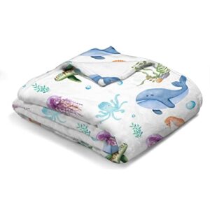 Sea Animals Flannel Baby Toddler Blanket Gift for Girls and Boys Marine Turtle Whale Jellyfish Sea Horse Weeds Sealife Receiving Blanket Newborn Nursery Bed Blanket Swaddle Crib Blanket 30x40