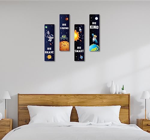 4 Pieces Space Decor Wooden Hanging Wall Plaques, Outer Space Theme Room Wall Art Decor, Boys Bedroom Decor Space Motivational Quote for Baby Kids Classroom Nursery