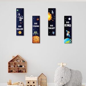 4 Pieces Space Decor Wooden Hanging Wall Plaques, Outer Space Theme Room Wall Art Decor, Boys Bedroom Decor Space Motivational Quote for Baby Kids Classroom Nursery