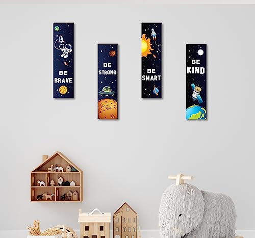 4 Pieces Space Decor Wooden Hanging Wall Plaques, Outer Space Theme Room Wall Art Decor, Boys Bedroom Decor Space Motivational Quote for Baby Kids Classroom Nursery