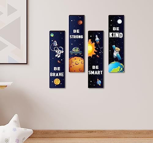 4 Pieces Space Decor Wooden Hanging Wall Plaques, Outer Space Theme Room Wall Art Decor, Boys Bedroom Decor Space Motivational Quote for Baby Kids Classroom Nursery