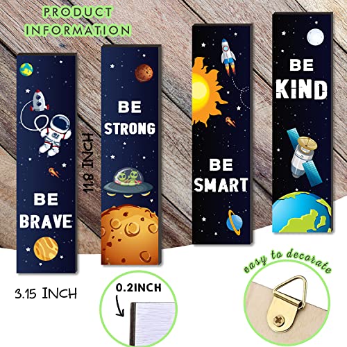 4 Pieces Space Decor Wooden Hanging Wall Plaques, Outer Space Theme Room Wall Art Decor, Boys Bedroom Decor Space Motivational Quote for Baby Kids Classroom Nursery