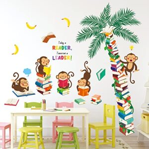 decowall dsl-8065 monkey tree books wall stickers decals for kids jungle reading playroom toddler reading nook safari classroom bedroom baby decor diy animals nursery