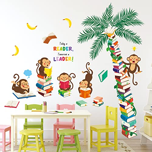 DECOWALL DSL-8065 Monkey Tree Books Wall Stickers Decals for Kids Jungle Reading playroom Toddler Reading Nook Safari Classroom Bedroom Baby Decor DIY Animals Nursery