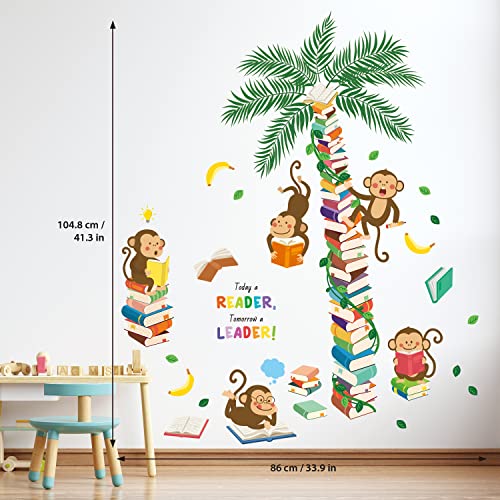 DECOWALL DSL-8065 Monkey Tree Books Wall Stickers Decals for Kids Jungle Reading playroom Toddler Reading Nook Safari Classroom Bedroom Baby Decor DIY Animals Nursery