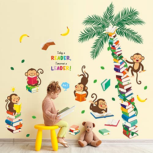 DECOWALL DSL-8065 Monkey Tree Books Wall Stickers Decals for Kids Jungle Reading playroom Toddler Reading Nook Safari Classroom Bedroom Baby Decor DIY Animals Nursery