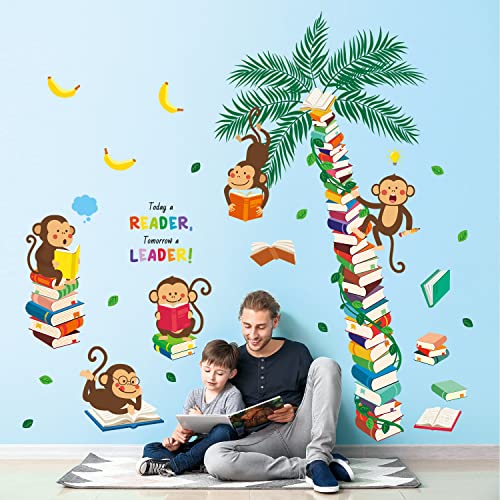 DECOWALL DSL-8065 Monkey Tree Books Wall Stickers Decals for Kids Jungle Reading playroom Toddler Reading Nook Safari Classroom Bedroom Baby Decor DIY Animals Nursery