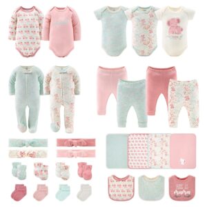 the peanutshell newborn clothes & accessories set | 30 piece layette gift set | fits newborn to 3 months | pink elephant & floral