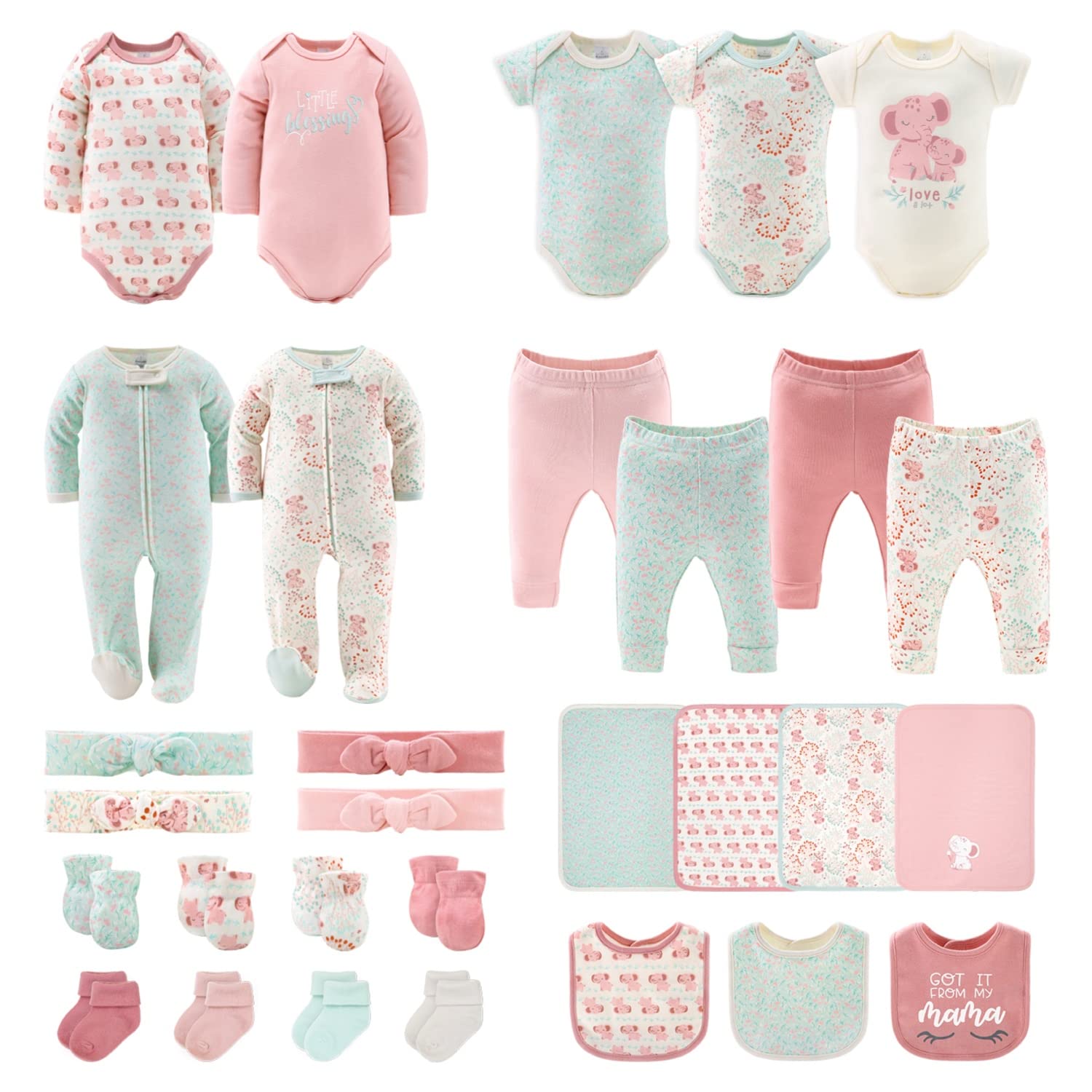 The Peanutshell Newborn Clothes & Accessories Set | 30 Piece Layette Gift Set | Fits Newborn to 3 Months | Pink Elephant & Floral