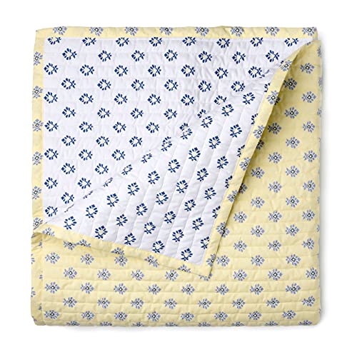 MARTHA STEWART Naomi Yellow Queen Quilt Set - 3 Piece, 100% Cotton Bedspread, Reversible, Cool, Crisp Percale Weave, Soft & Printed Lightweight Quilt, Summer Bedding, 1 Quilt, 2 Pillow Shams