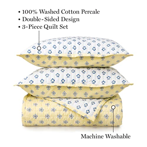 MARTHA STEWART Naomi Yellow Queen Quilt Set - 3 Piece, 100% Cotton Bedspread, Reversible, Cool, Crisp Percale Weave, Soft & Printed Lightweight Quilt, Summer Bedding, 1 Quilt, 2 Pillow Shams