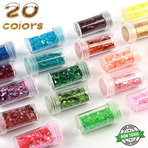 Face Glitter, Eye Glitter, 20 Jars Each Glitter Set, 20 Assorted Color Nail Glitter, Cosmetic Face Body Eye Hair Art Fine Glitter Loose Chunky Glitter