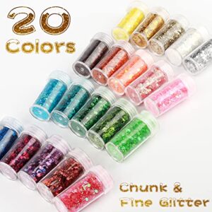 Face Glitter, Eye Glitter, 20 Jars Each Glitter Set, 20 Assorted Color Nail Glitter, Cosmetic Face Body Eye Hair Art Fine Glitter Loose Chunky Glitter