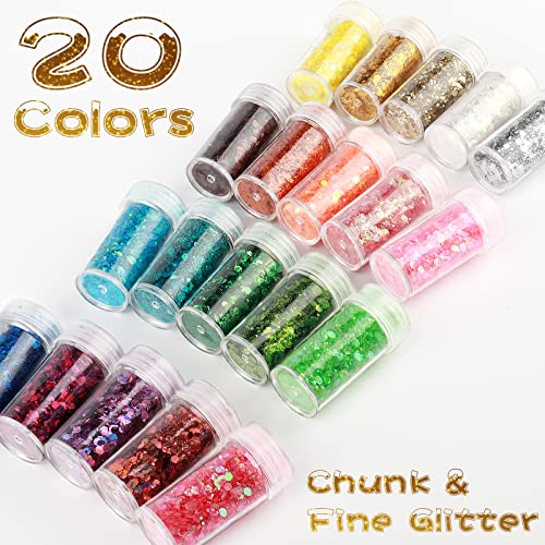 Face Glitter, Eye Glitter, 20 Jars Each Glitter Set, 20 Assorted Color Nail Glitter, Cosmetic Face Body Eye Hair Art Fine Glitter Loose Chunky Glitter