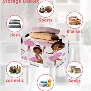 Storage Basket Pink Ballet Girl Storage Bin with Handles, Cute Princess Africa American Dancer Collapsible Organizer Storage Cubes Bins for Closet, Laundry Clothes, Bathroom, Nursery Toys