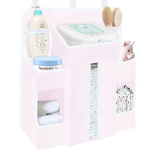 YENING Hanging Diaper Organizer for Changing Table Baby Nursery Diaper Holder Stacker for Crib Baby Essentials Storage Pink