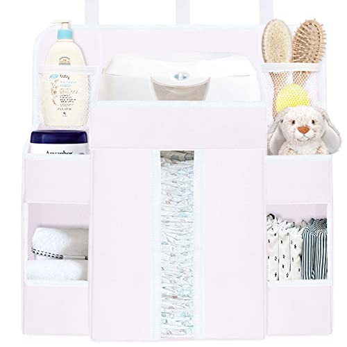 YENING Hanging Diaper Organizer for Changing Table Baby Nursery Diaper Holder Stacker for Crib Baby Essentials Storage Pink