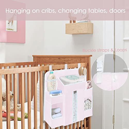 YENING Hanging Diaper Organizer for Changing Table Baby Nursery Diaper Holder Stacker for Crib Baby Essentials Storage Pink