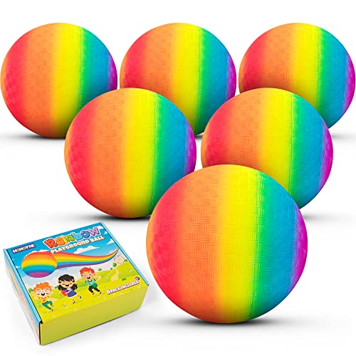 Homotte 6 Pcs Rainbow Playground Balls for Kids, 5 Inch Small Kickball Dodgeball Handball Set for Indoor & Outdoor Activities with Hand Pump