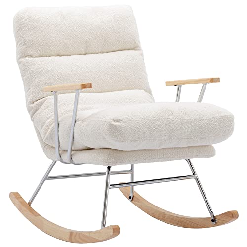 Wahson Rocking Chair with Reclining Back, Faux Sherpa Upholstered Comfy Glider Chair with Adjustable Back, for Living Room/Bedroom, Cream