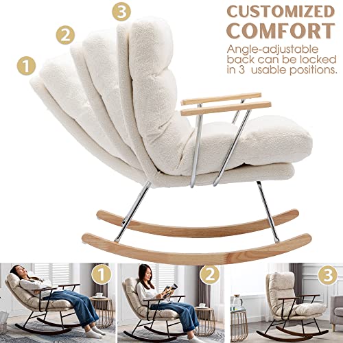 Wahson Rocking Chair with Reclining Back, Faux Sherpa Upholstered Comfy Glider Chair with Adjustable Back, for Living Room/Bedroom, Cream