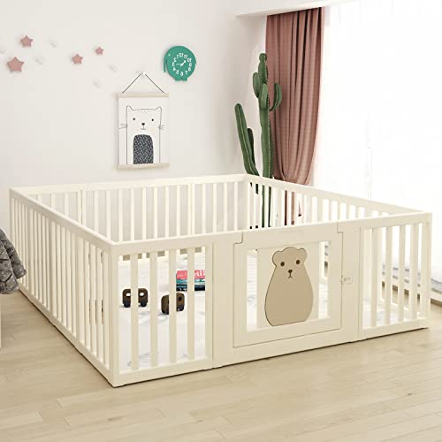 Benarita Baby Playpen 71" L x 79" W x 26”D Kids Activity Center Safety Play Yard with Gate and Mat Beige Indoor Outdoor Fence for Baby Boys Girls 14 Panel