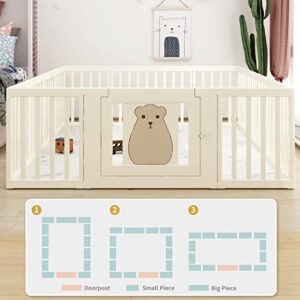 Benarita Baby Playpen 71" L x 79" W x 26”D Kids Activity Center Safety Play Yard with Gate and Mat Beige Indoor Outdoor Fence for Baby Boys Girls 14 Panel