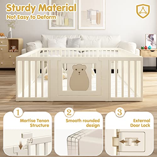 Benarita Baby Playpen 71" L x 79" W x 26”D Kids Activity Center Safety Play Yard with Gate and Mat Beige Indoor Outdoor Fence for Baby Boys Girls 14 Panel