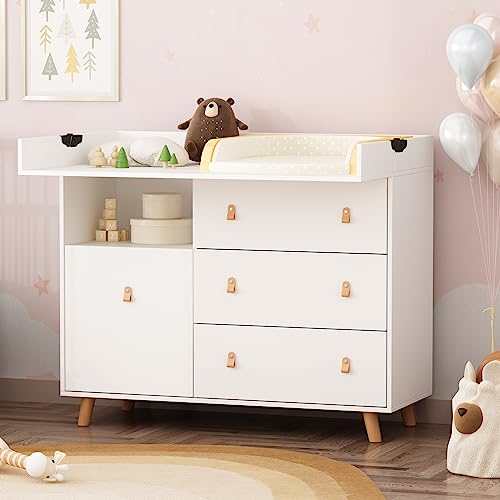 DAWNSPACES 45 Inch Baby Changing Table Dresser, 2 in 1 Convertible Nursery Dresser Chest for Infants with 4 Drawers & Shelf, Storage Changing Station Dresser, White