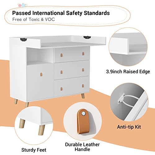 DAWNSPACES 45 Inch Baby Changing Table Dresser, 2 in 1 Convertible Nursery Dresser Chest for Infants with 4 Drawers & Shelf, Storage Changing Station Dresser, White