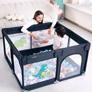 Baby Playpen Play Yard Sturdy, Insugar Playpen for Babies and Toddlers, Portable Small Baby Fence, Safe Play Area with Gate, Breathable Mesh, Dinosaur Printed, BPA-Free, Non-Toxic, Black, 47"x47"x27"