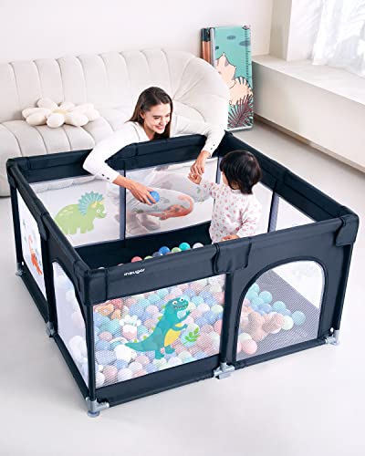 Baby Playpen Play Yard Sturdy, Insugar Playpen for Babies and Toddlers, Portable Small Baby Fence, Safe Play Area with Gate, Breathable Mesh, Dinosaur Printed, BPA-Free, Non-Toxic, Black, 47"x47"x27"