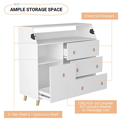 DAWNSPACES 45 Inch Baby Changing Table Dresser, 2 in 1 Convertible Nursery Dresser Chest for Infants with 4 Drawers & Shelf, Storage Changing Station Dresser, White