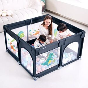 Baby Playpen Play Yard Sturdy, Insugar Playpen for Babies and Toddlers, Portable Small Baby Fence, Safe Play Area with Gate, Breathable Mesh, Dinosaur Printed, BPA-Free, Non-Toxic, Black, 47"x47"x27"