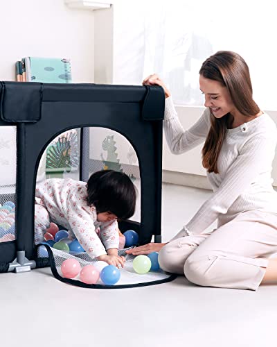 Baby Playpen Play Yard Sturdy, Insugar Playpen for Babies and Toddlers, Portable Small Baby Fence, Safe Play Area with Gate, Breathable Mesh, Dinosaur Printed, BPA-Free, Non-Toxic, Black, 47"x47"x27"