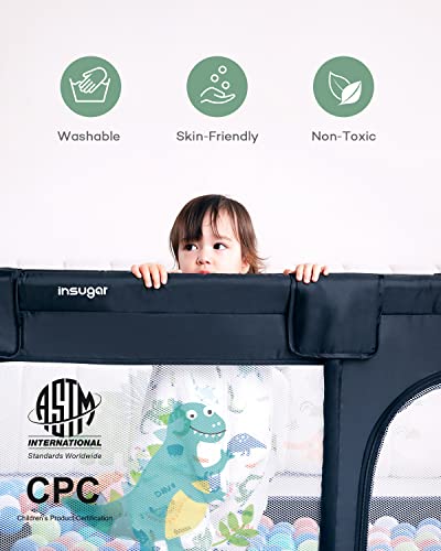 Baby Playpen Play Yard Sturdy, Insugar Playpen for Babies and Toddlers, Portable Small Baby Fence, Safe Play Area with Gate, Breathable Mesh, Dinosaur Printed, BPA-Free, Non-Toxic, Black, 47"x47"x27"