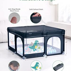 Baby Playpen Play Yard Sturdy, Insugar Playpen for Babies and Toddlers, Portable Small Baby Fence, Safe Play Area with Gate, Breathable Mesh, Dinosaur Printed, BPA-Free, Non-Toxic, Black, 47"x47"x27"