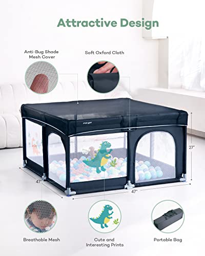 Baby Playpen Play Yard Sturdy, Insugar Playpen for Babies and Toddlers, Portable Small Baby Fence, Safe Play Area with Gate, Breathable Mesh, Dinosaur Printed, BPA-Free, Non-Toxic, Black, 47"x47"x27"