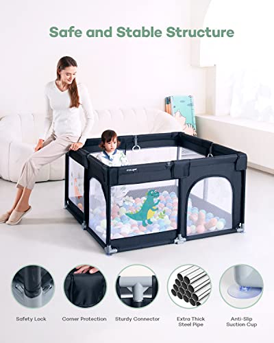 Baby Playpen Play Yard Sturdy, Insugar Playpen for Babies and Toddlers, Portable Small Baby Fence, Safe Play Area with Gate, Breathable Mesh, Dinosaur Printed, BPA-Free, Non-Toxic, Black, 47"x47"x27"