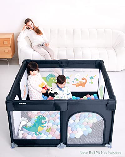 Baby Playpen Play Yard Sturdy, Insugar Playpen for Babies and Toddlers, Portable Small Baby Fence, Safe Play Area with Gate, Breathable Mesh, Dinosaur Printed, BPA-Free, Non-Toxic, Black, 47"x47"x27"