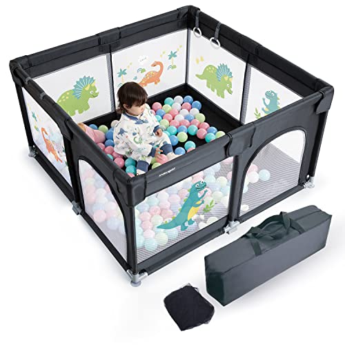 Baby Playpen Play Yard Sturdy, Insugar Playpen for Babies and Toddlers, Portable Small Baby Fence, Safe Play Area with Gate, Breathable Mesh, Dinosaur Printed, BPA-Free, Non-Toxic, Black, 47"x47"x27"