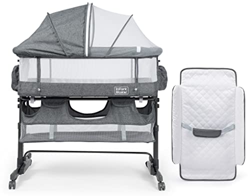 4 in 1 Baby Bassinet, Upgraded Nursery center w/ Diaper Changer, 360° Highly Visible Mesh wall, Comfy Newborn Bassinet with 5 Level Adjustable Height, Portable Baby Travel Crib for baby, Grey