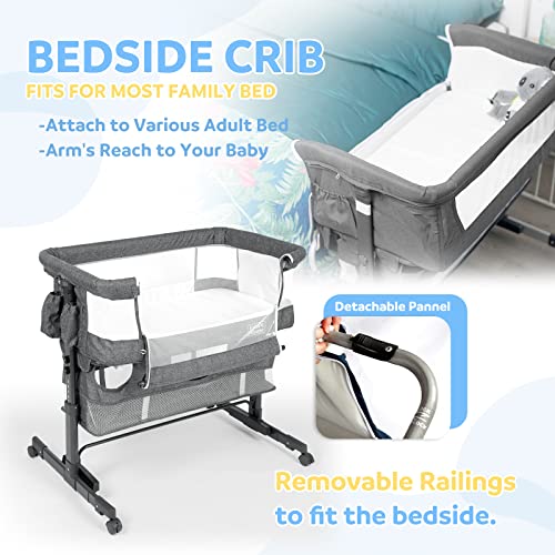 4 in 1 Baby Bassinet, Upgraded Nursery center w/ Diaper Changer, 360° Highly Visible Mesh wall, Comfy Newborn Bassinet with 5 Level Adjustable Height, Portable Baby Travel Crib for baby, Grey