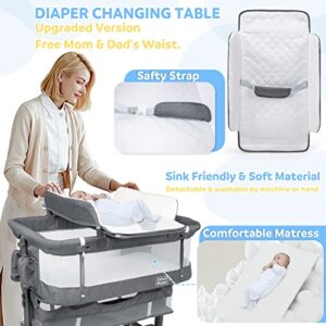 4 in 1 Baby Bassinet, Upgraded Nursery center w/ Diaper Changer, 360° Highly Visible Mesh wall, Comfy Newborn Bassinet with 5 Level Adjustable Height, Portable Baby Travel Crib for baby, Grey