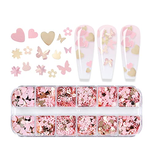 12 Grids Nail Sequins Butterfly Heart Flower Sequins Mixed Pink Nail Glitter Flakes DIY Design Manicure Decorations Sets Glitter Sequin Nail Decoration Nail Accessories for Nail Art