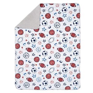 Lambs & Ivy Baby Sports White Fleece Baby Blanket - Football/Basketball/Baseball