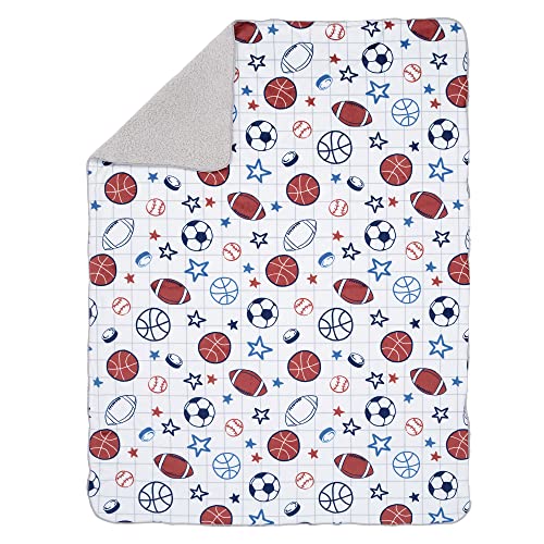 Lambs & Ivy Baby Sports White Fleece Baby Blanket - Football/Basketball/Baseball