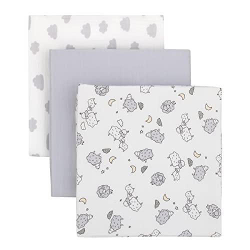 Carter's Sleepy Sheep White and Gray Cloud Lamb 100% Cotton 44' x 44" 3 Pack Muslin Swaddle Blanket